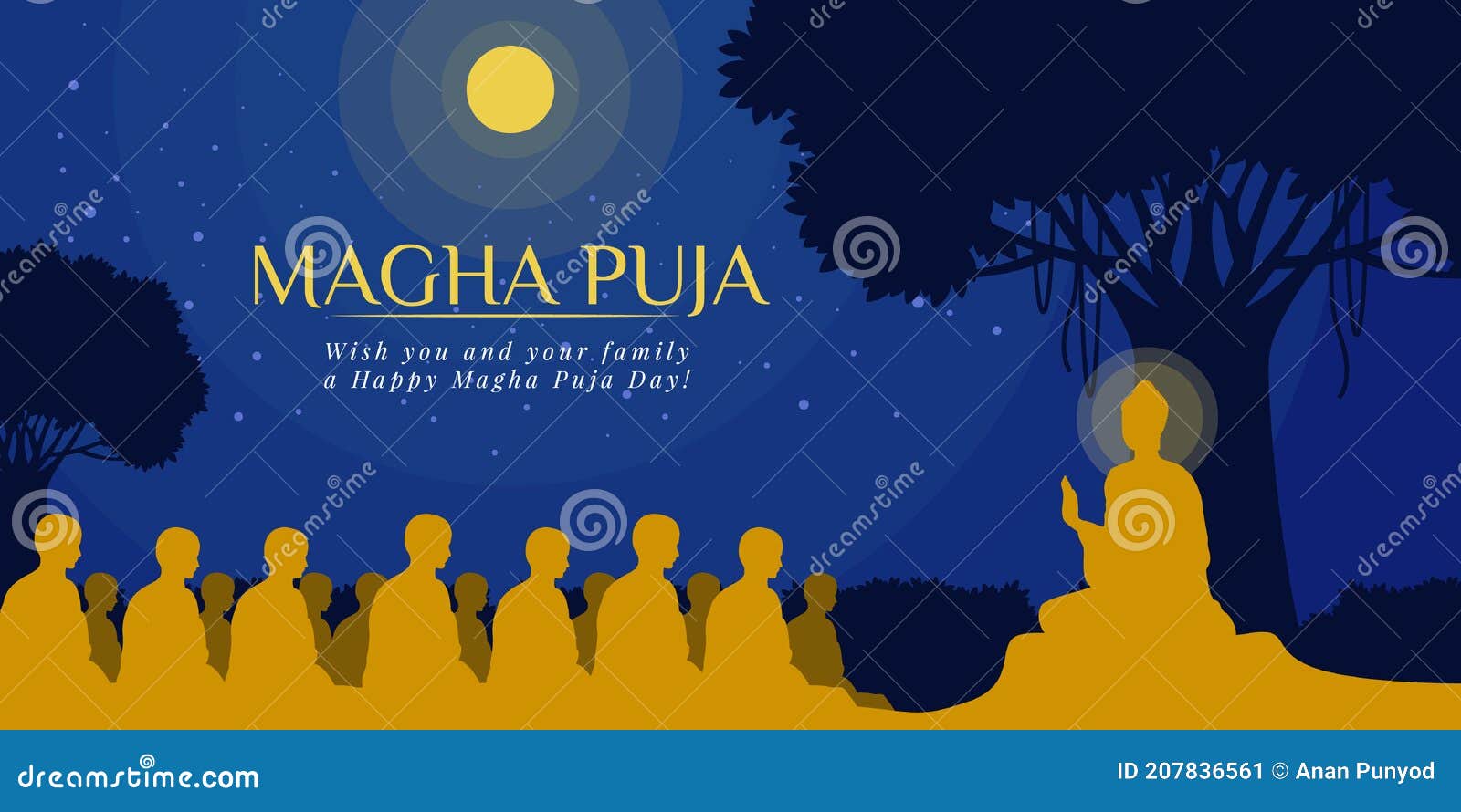 Magha Puja Day Banner with Nightly Scenery the Buddha Giving a ... Magha Puja Day Banner with Nightly Scenery the Buddha Giving a ...