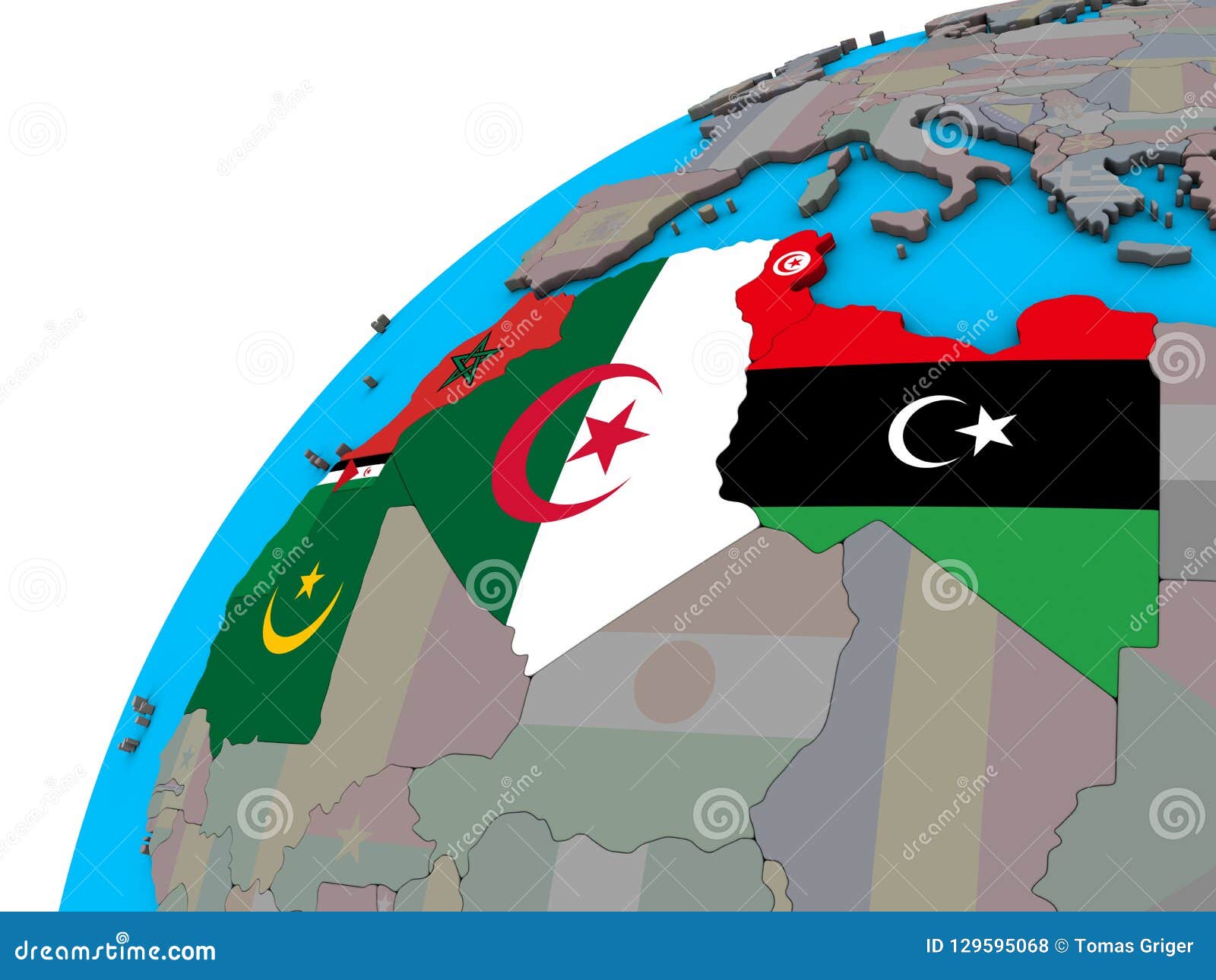 Maghreb Region with Flags on 3D Globe Stock Illustration - Illustration ...