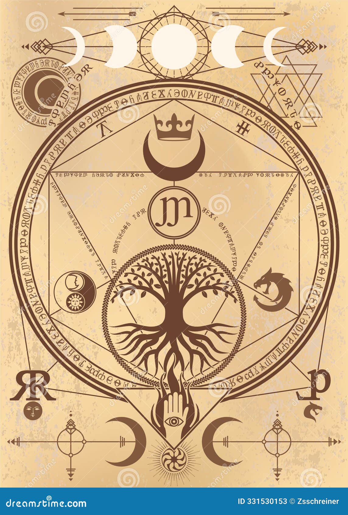 Magic Alchemy Drawing of Tree and Moon on Old Parchment Color ...