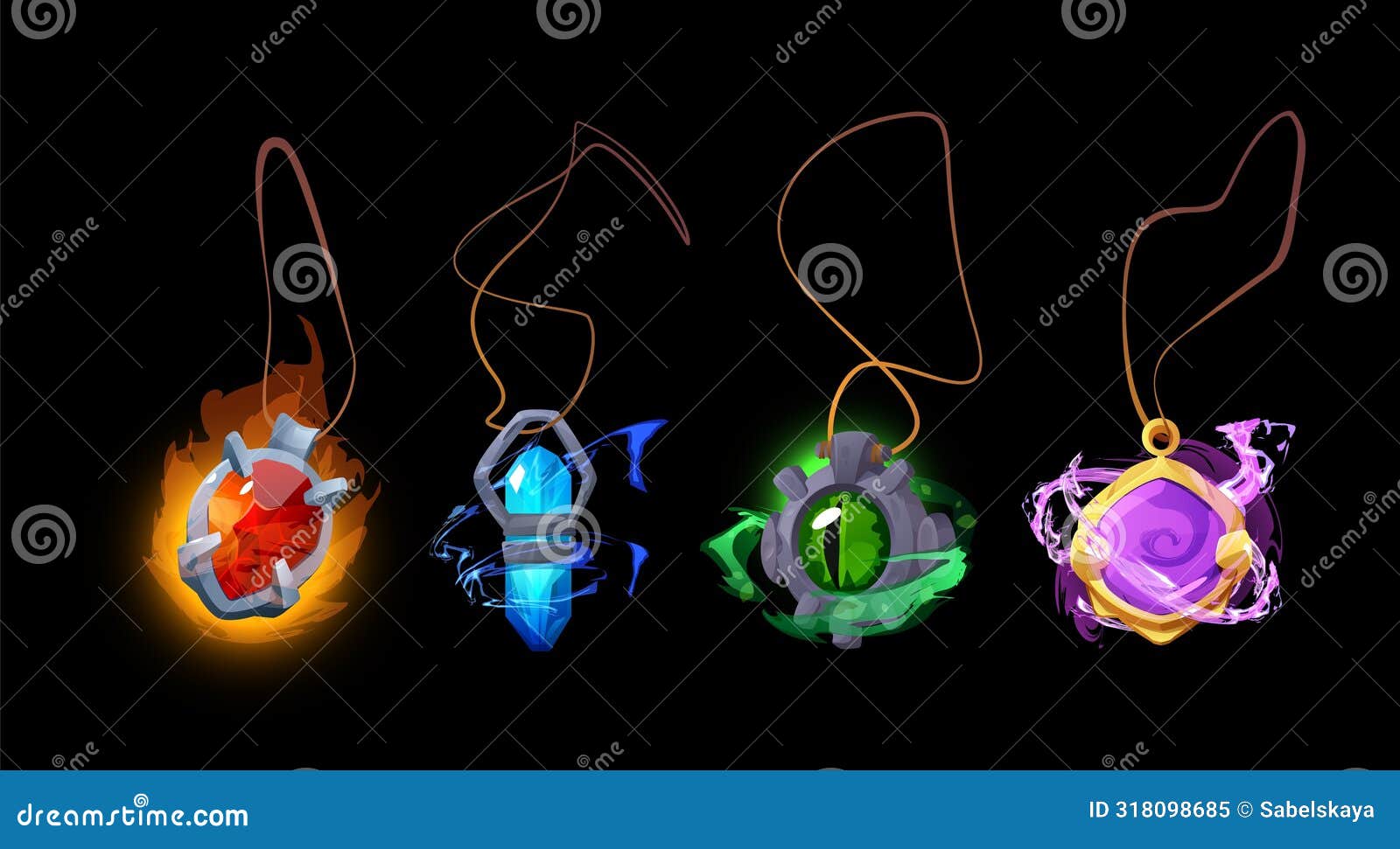 Set of 3D Vector Game Amulets with Different Stones and Crystal on an ...