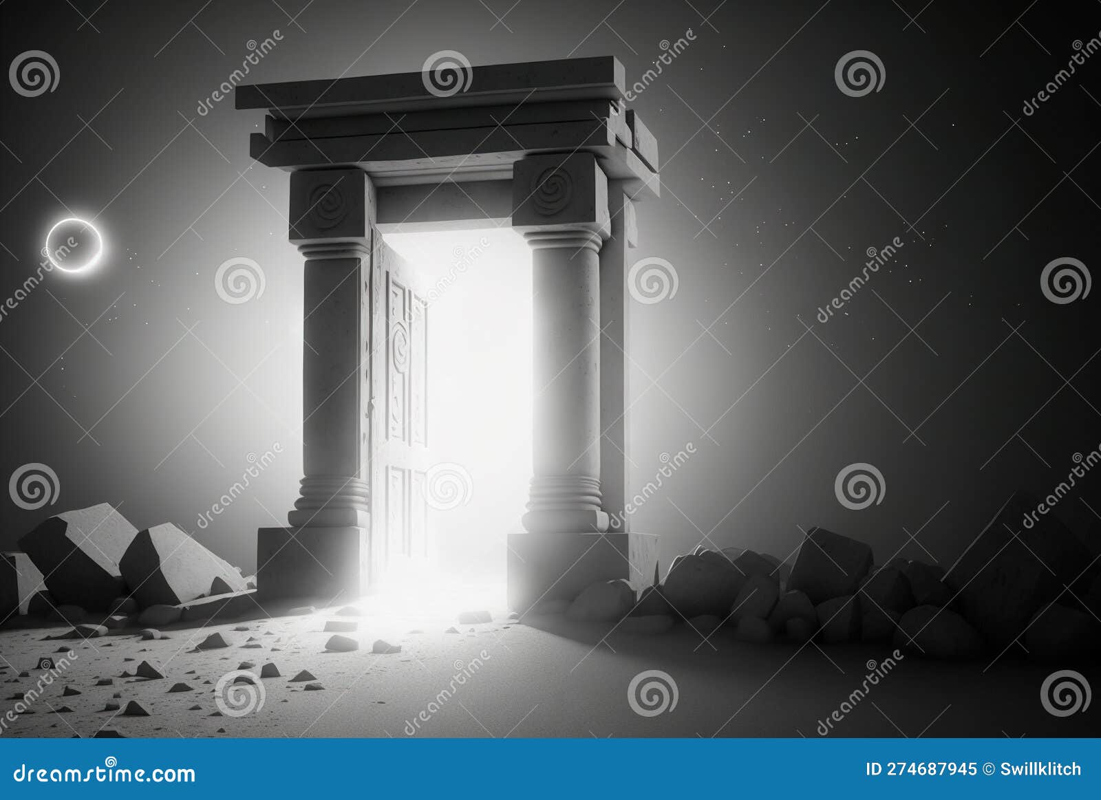 Magic Ancient Gate of the Dark Ruins. Black and White Background with ...