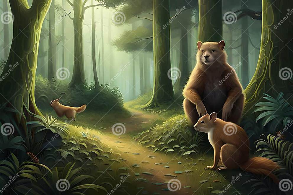 A Magic Animals in Adark Fantasy Forest Stock Illustration ...