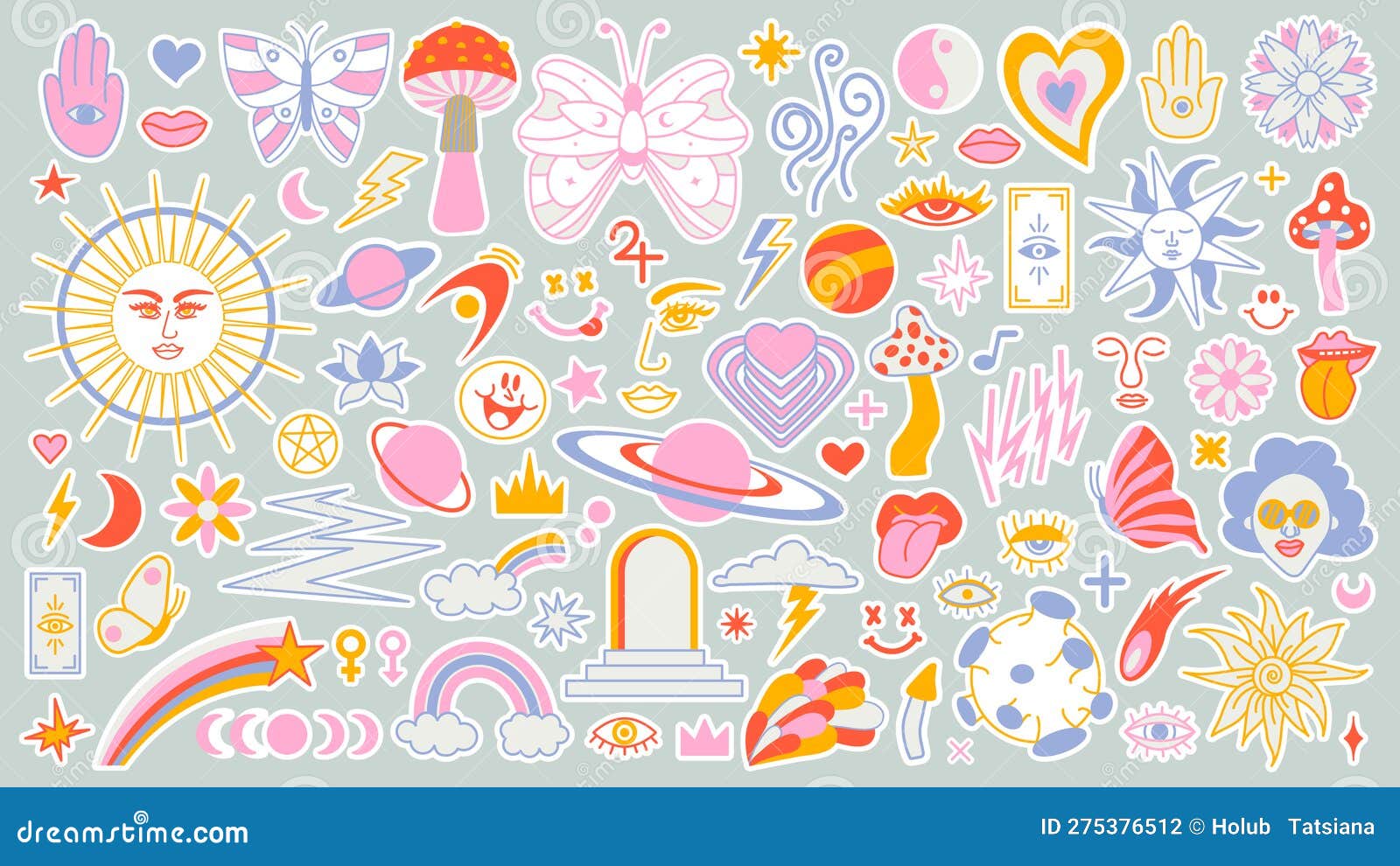 Magic Background Groovy in Retro Trend Style with Clipart Elements ...
