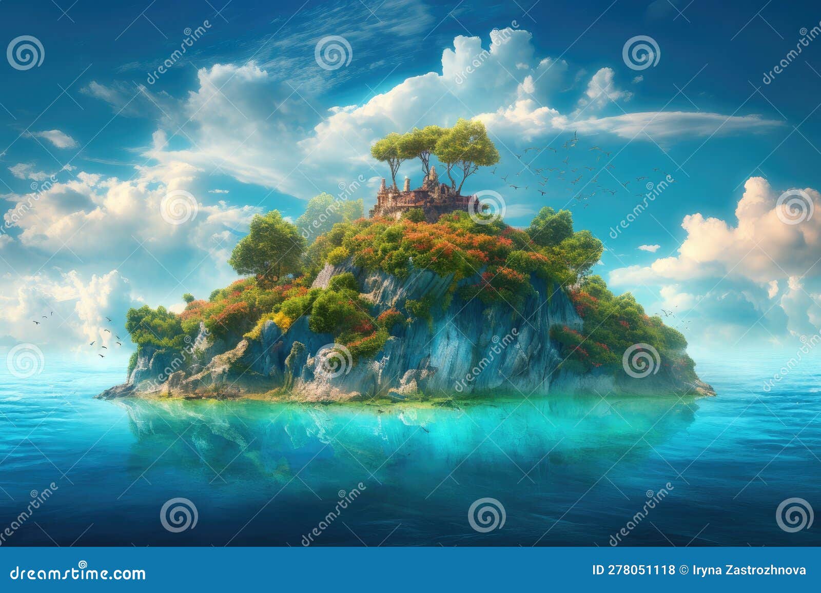Magic Beautiful Floating Island with Greenery and Clouds. Generative AI ...