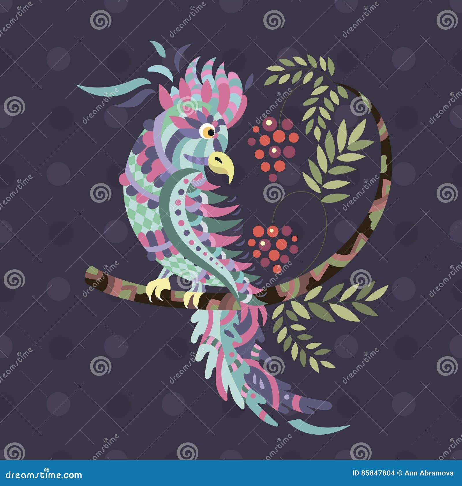 Magic Bird on a Branch with Berries on a Purple Background. Stock ...