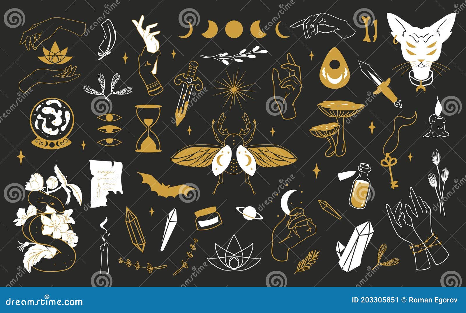 Alchemy Doodle Set. Witchcraft Black And White Line Art Collection ...