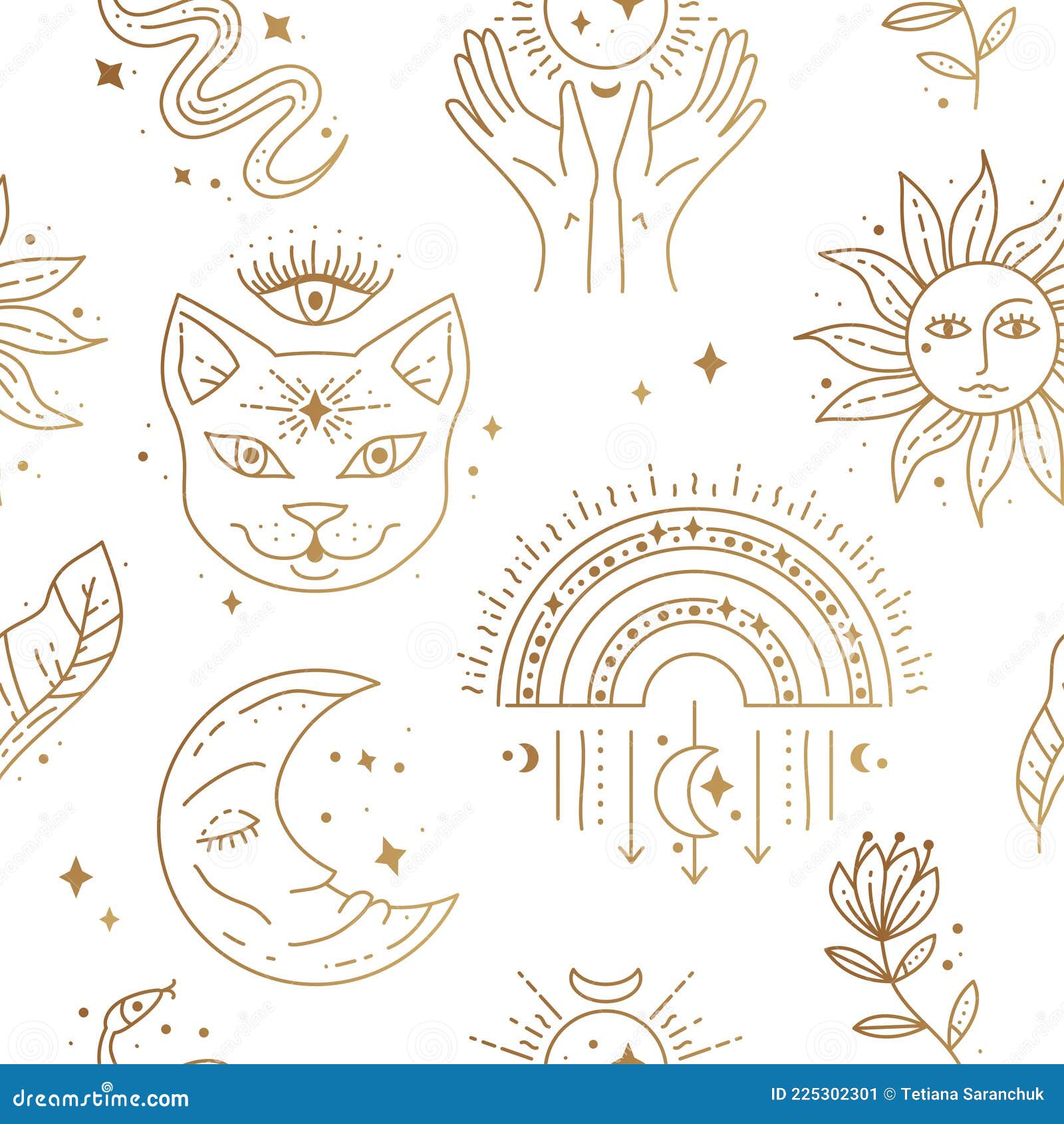 Magic Boho Symbols Seamless Pattern. Golden Minimal Line Art. Stock ...