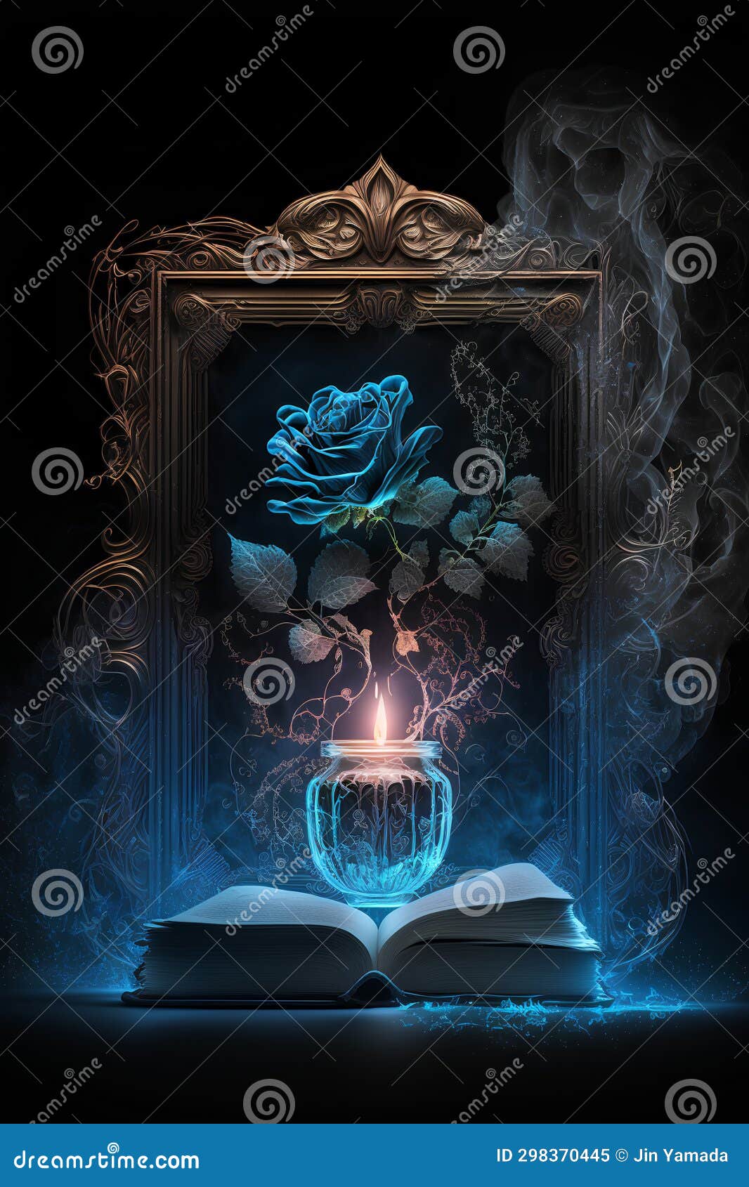Magic Book with Burning Candle and Rose Flower in Vintage Frame on ...
