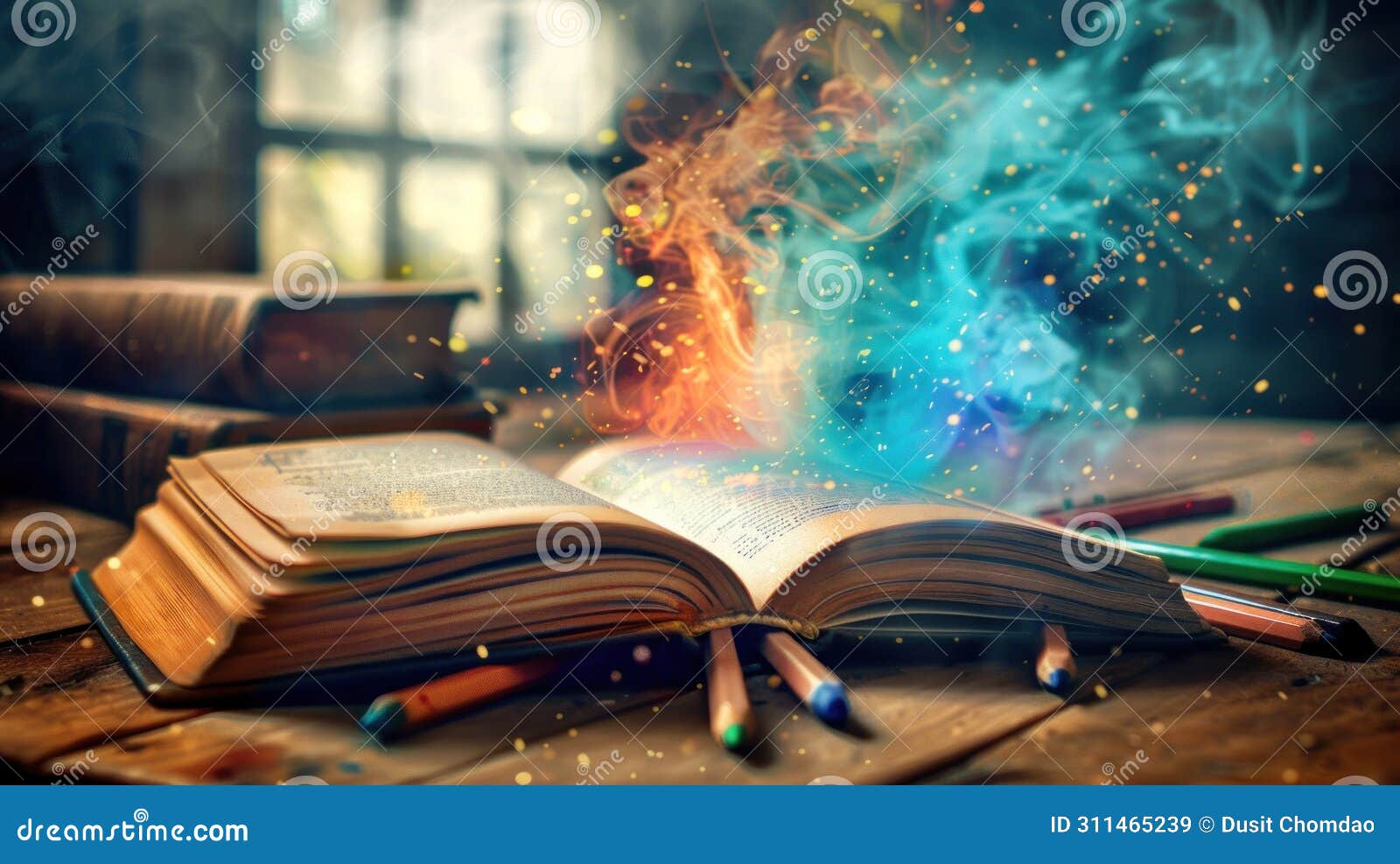 Magic Book and Color Pencils and Mysterious Colors. Stock Image - Image ...