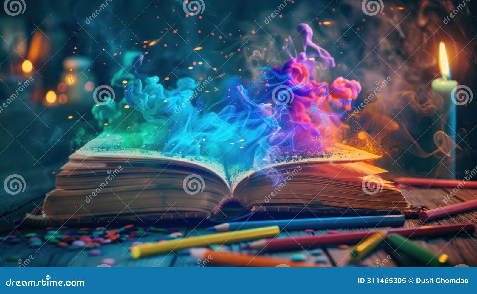 Magic Book and Color Pencils and Mysterious Colors. Stock Image - Image ...