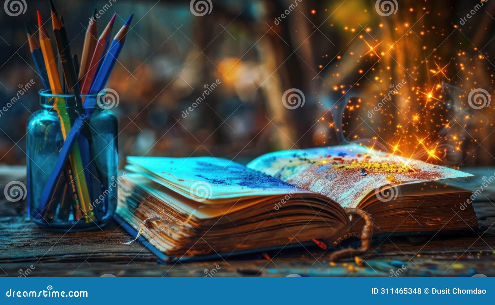 Magic Book and Color Pencils and Mysterious Colors. Stock Photo - Image ...