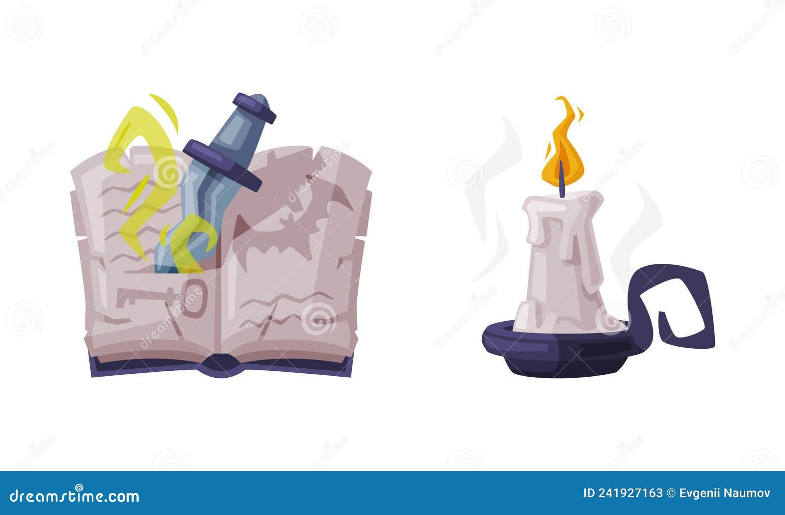 Magic Book with Dagger and Candle in Candlestick. Witchcraft Attributes ...