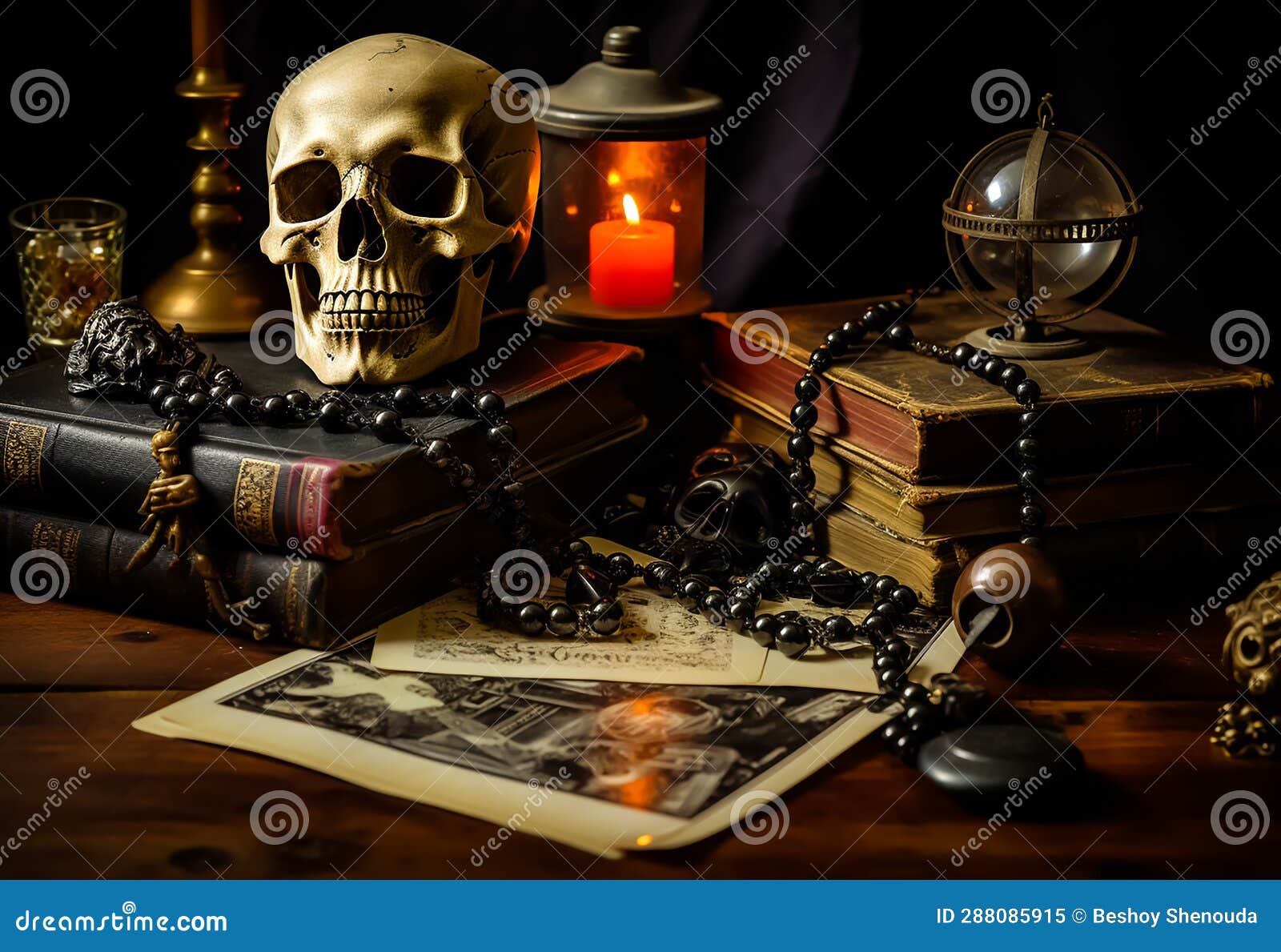 Magic Book with Devil Skull and Black Candle on Witch Table. Wicca ...