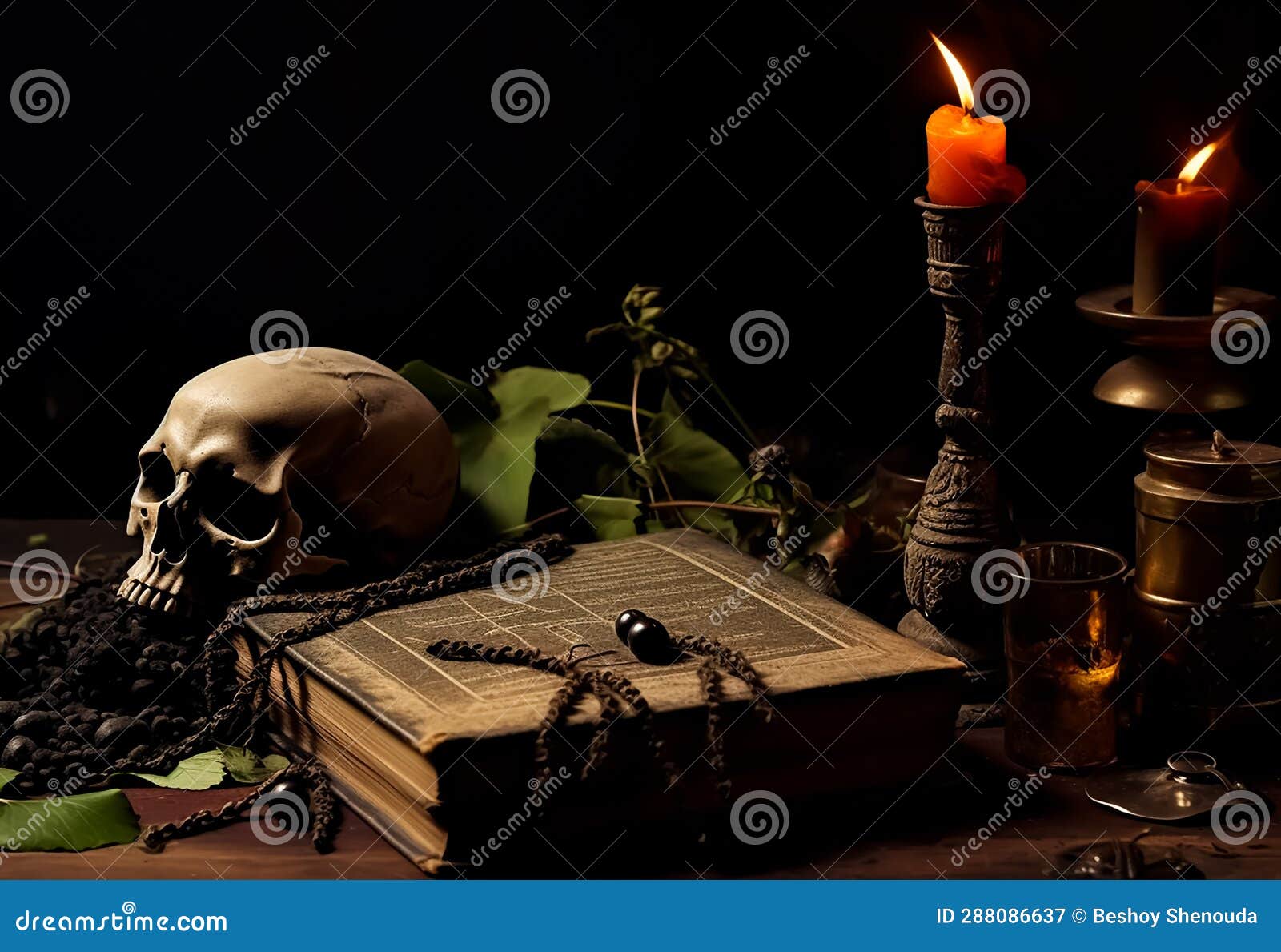 Magic Book with Devil Skull and Black Candle on Witch Table. Wicca ...