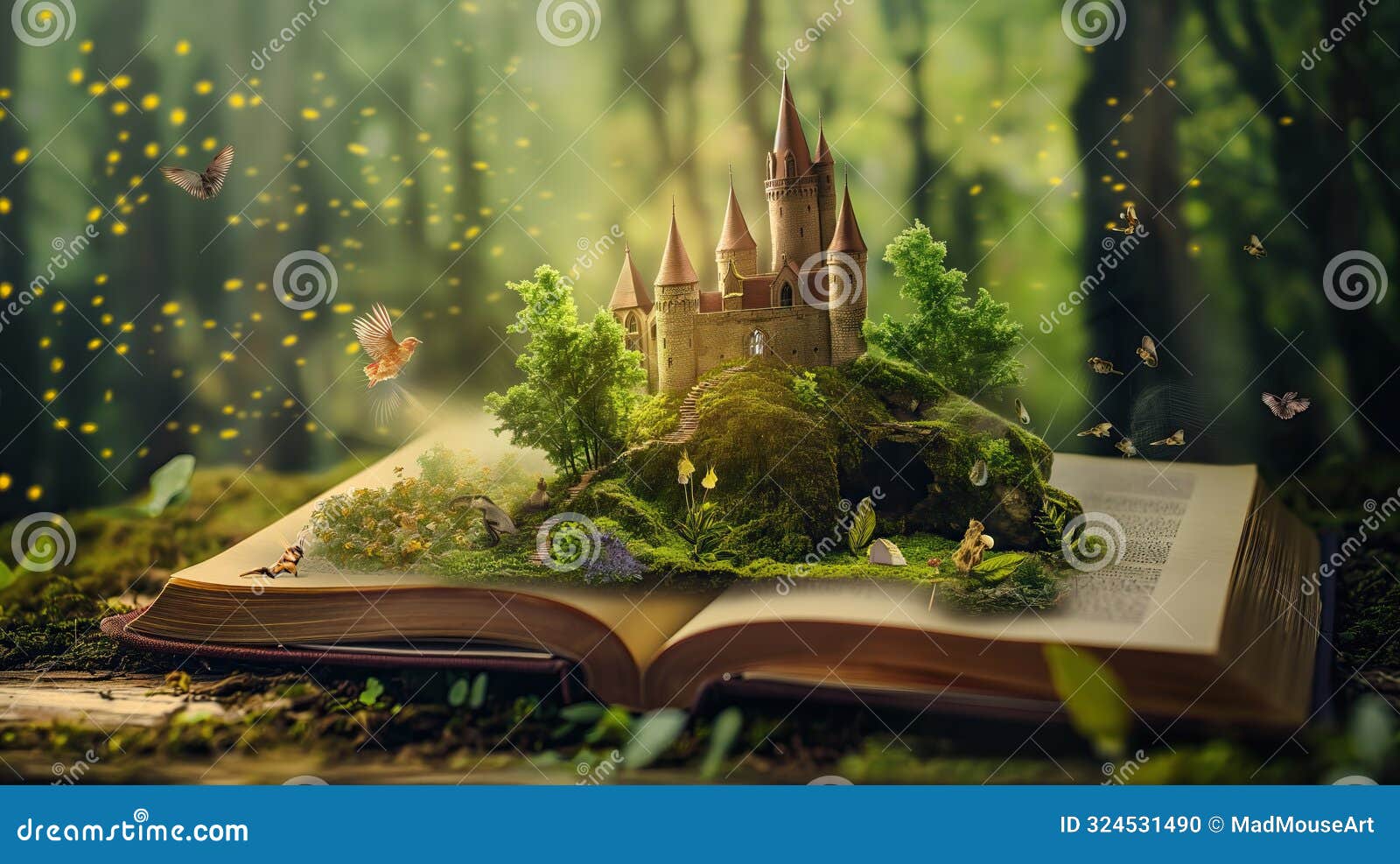 Magic Book with Fairy Tale Castle in the Forest. Fantasy World Stock ...