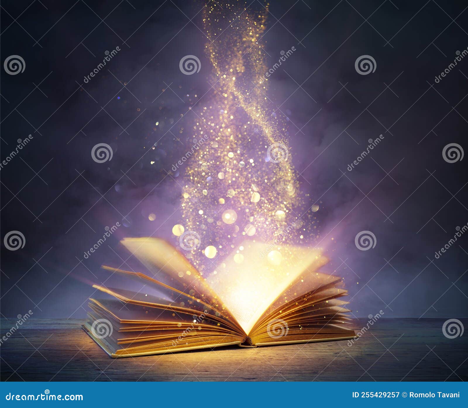 Magic Book With Open Pages And Abstract Lights Shining In Darkness Stock Image Image Of