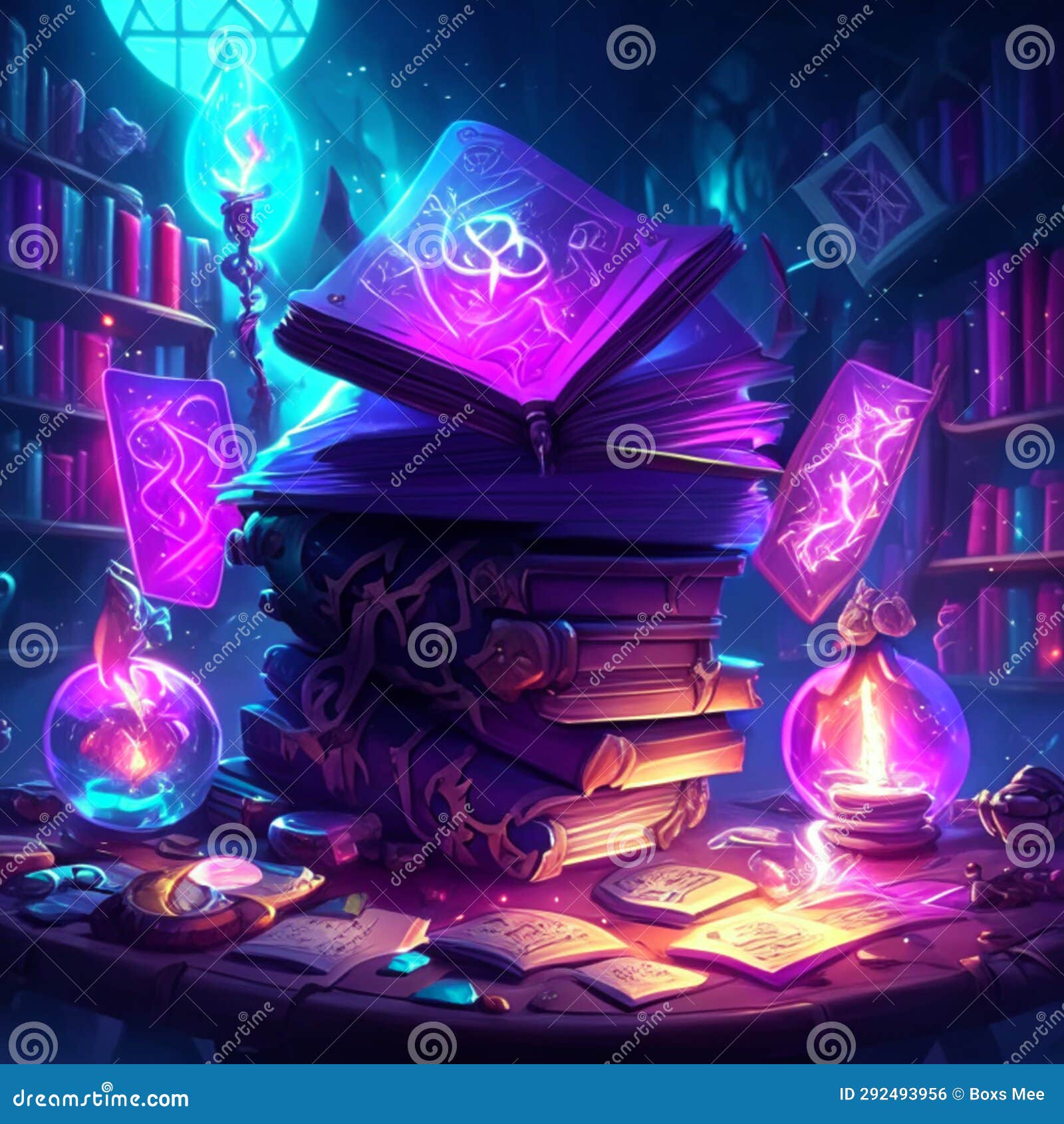 Magic Books in the Library, 3d Rendering. Computer Digital Drawing ...
