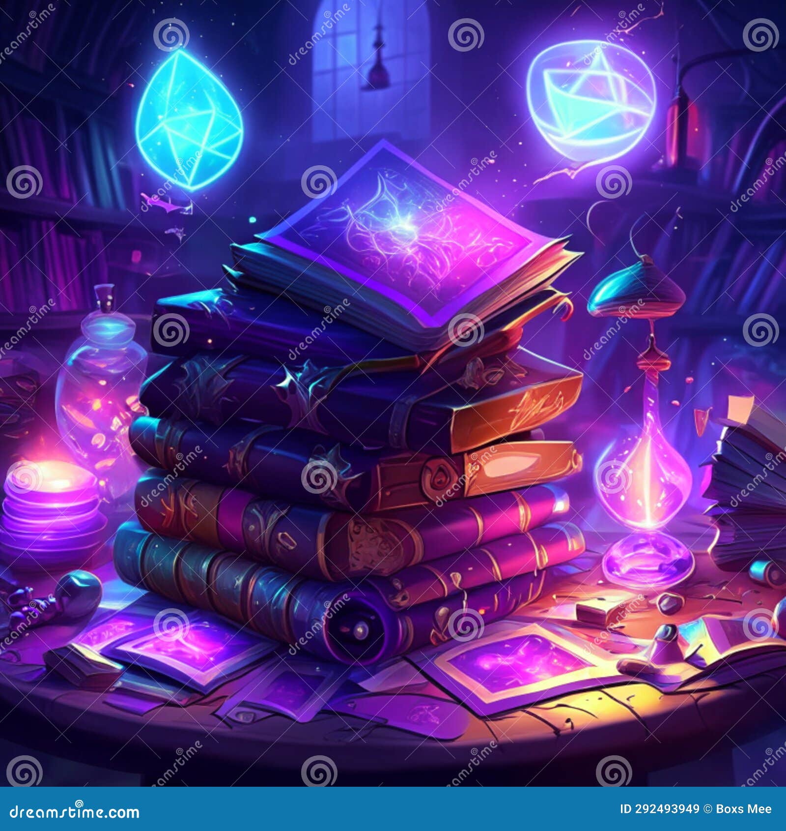 Magic Books on the Table in a Dark Room. Vector Illustration Stock ...