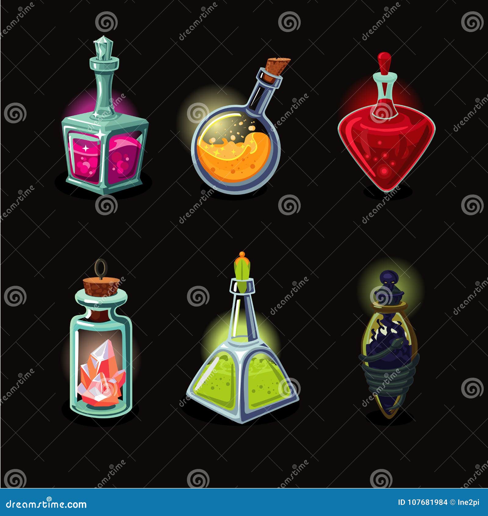 Magic Bottle Jars With Potion. Isolated Magic Bottle Jars With Colorful ...