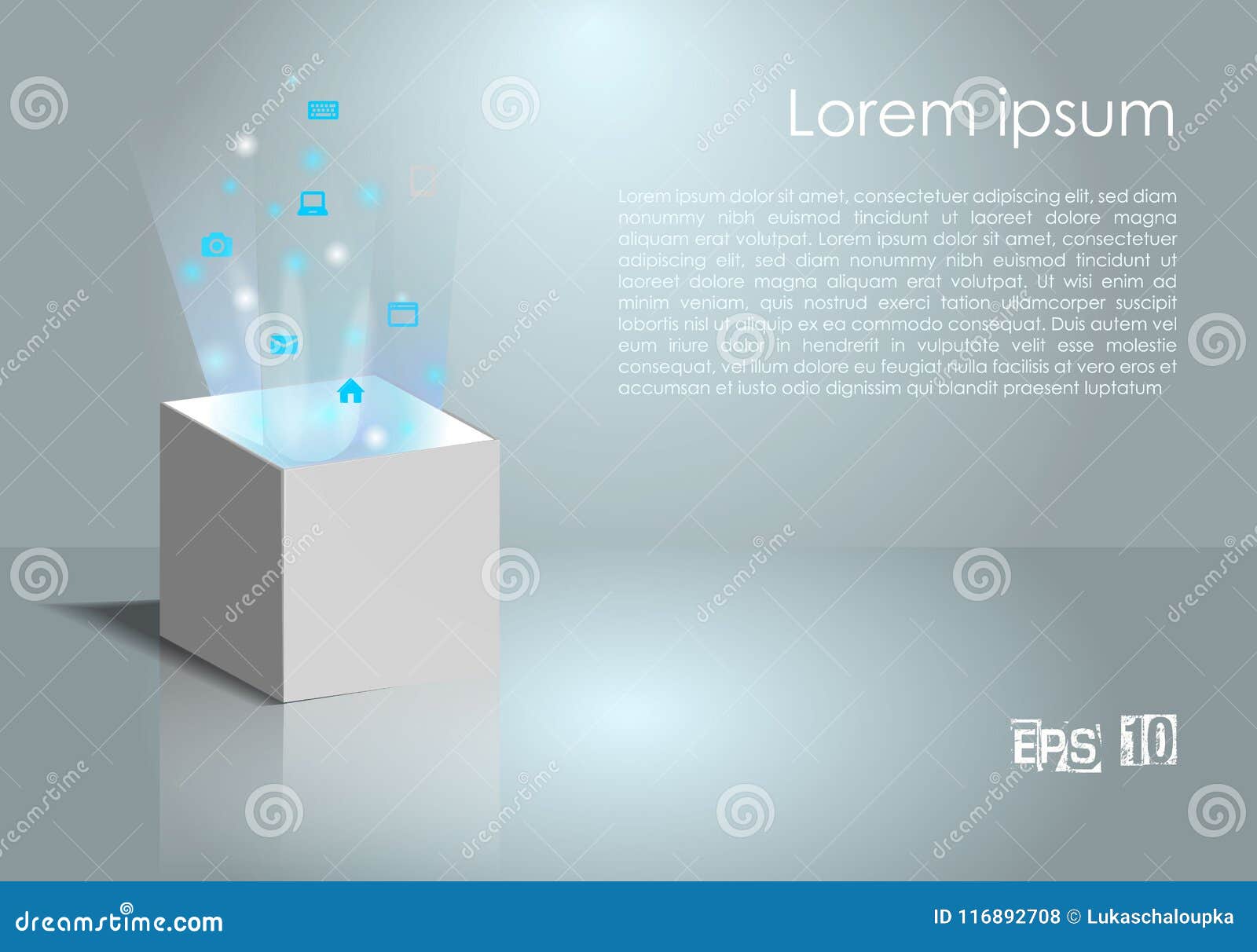 Magic Box with Light and Icon in Grey and Blue Color Stock Illustration ...