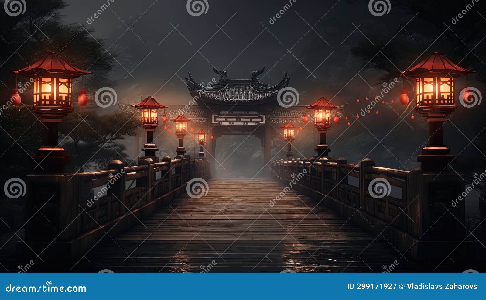 The Magic Bridge is an Ancient Bridge in the Fog and Light of Lanterns ...