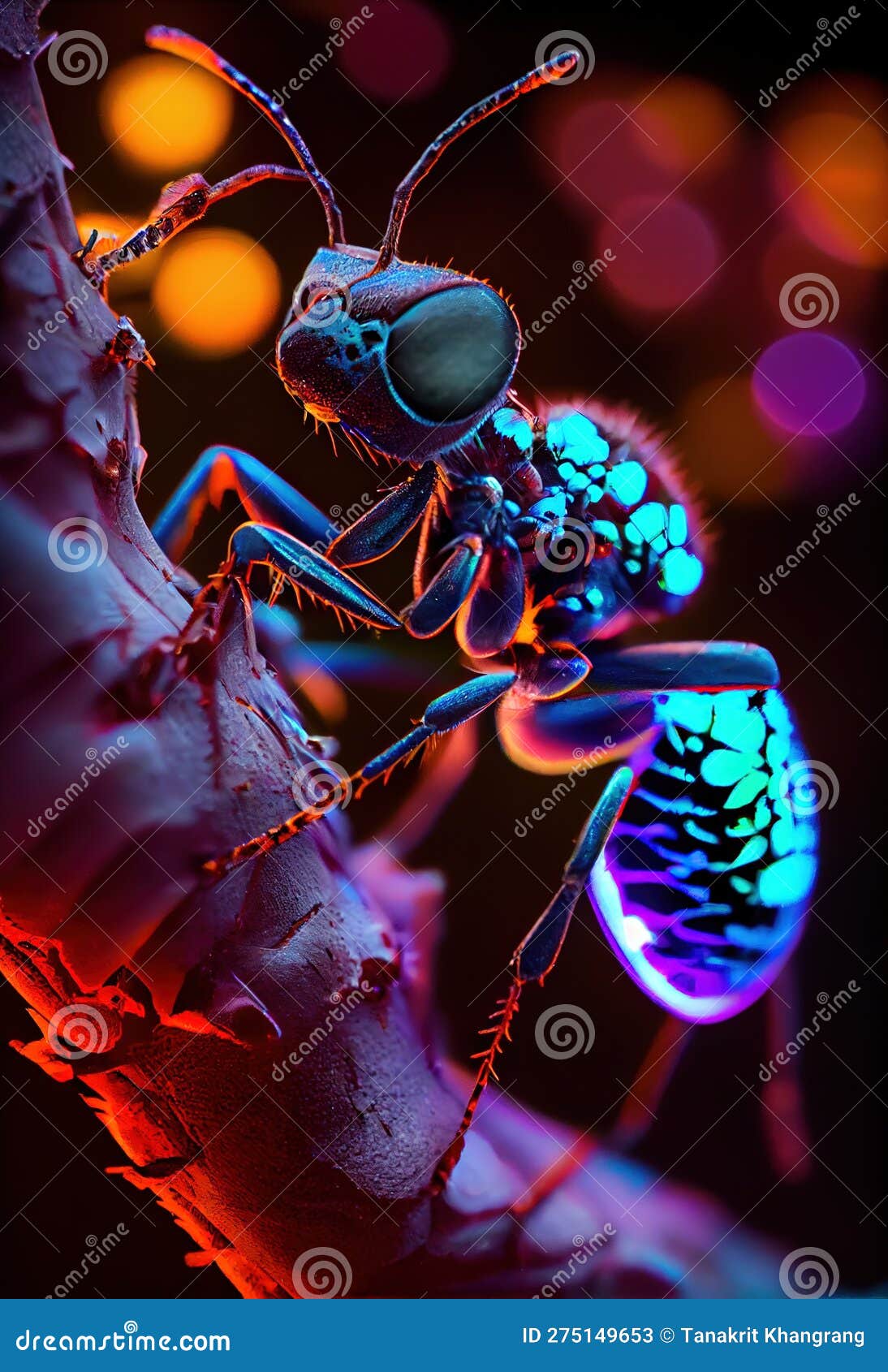 The Magic of Bugs Neon Light, Ant on a Tree Branch Stock Illustration ...