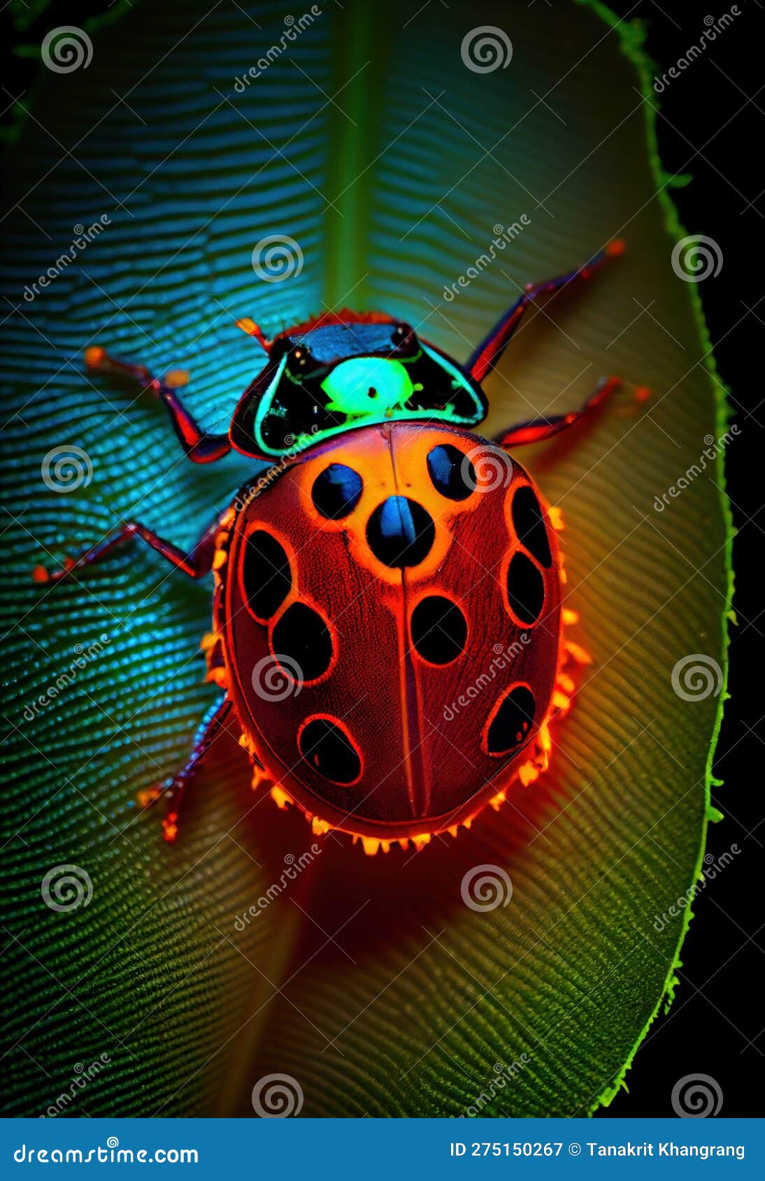The Magic of Bugs Neon Light, Red Ladybug on a Tree Leaf Stock ...