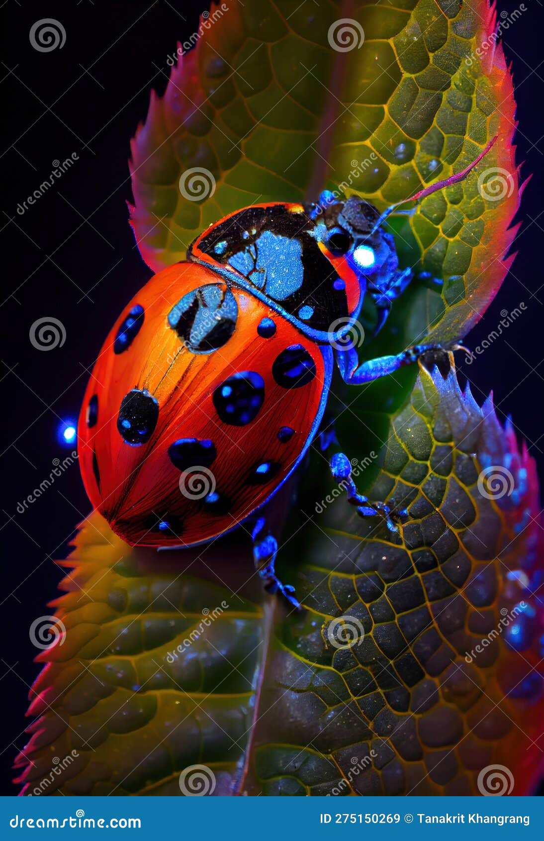 The Magic of Bugs Neon Light, Red Ladybug on a Tree Leaf Stock ...
