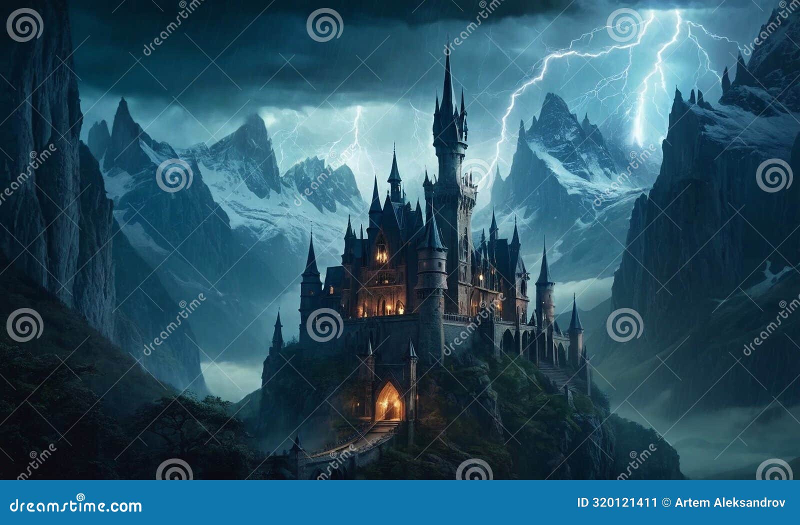 Magic Castle on a Background of Lightning Stock Illustration ...