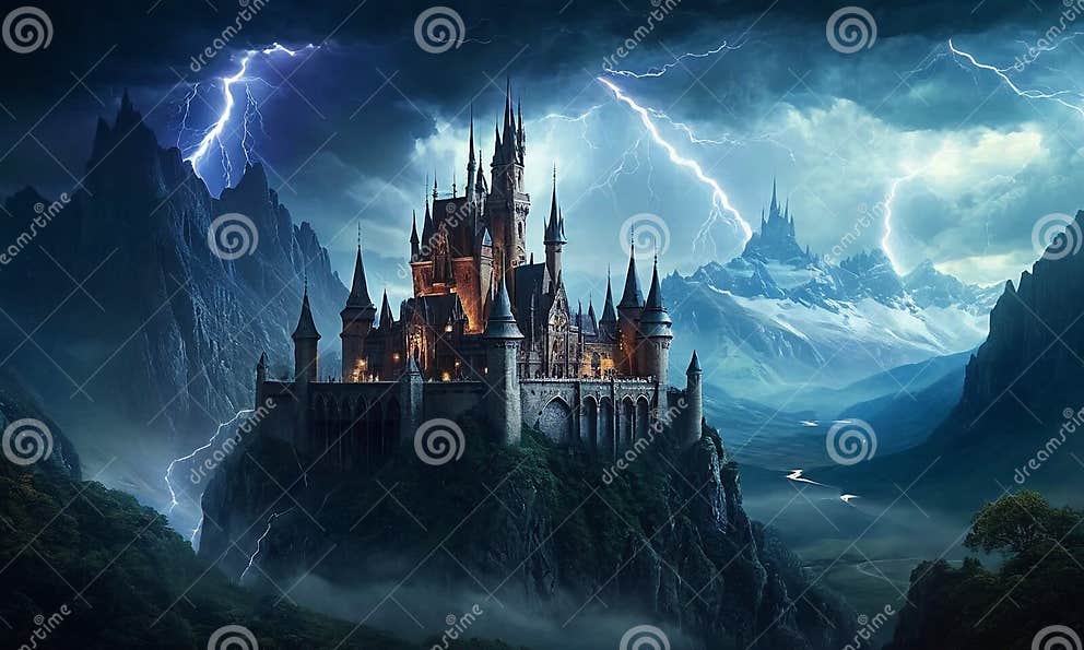 Magic Castle on a Background of Lightning Stock Illustration ...