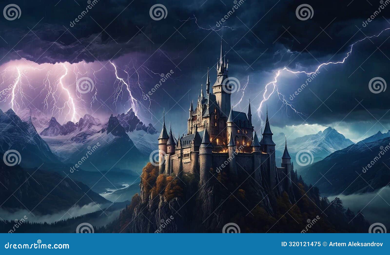 Magic Castle on a Background of Lightning Stock Illustration ...