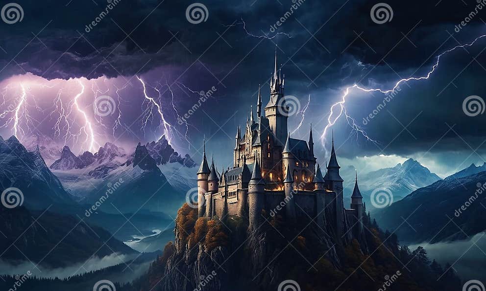 Magic Castle on a Background of Lightning Stock Illustration ...