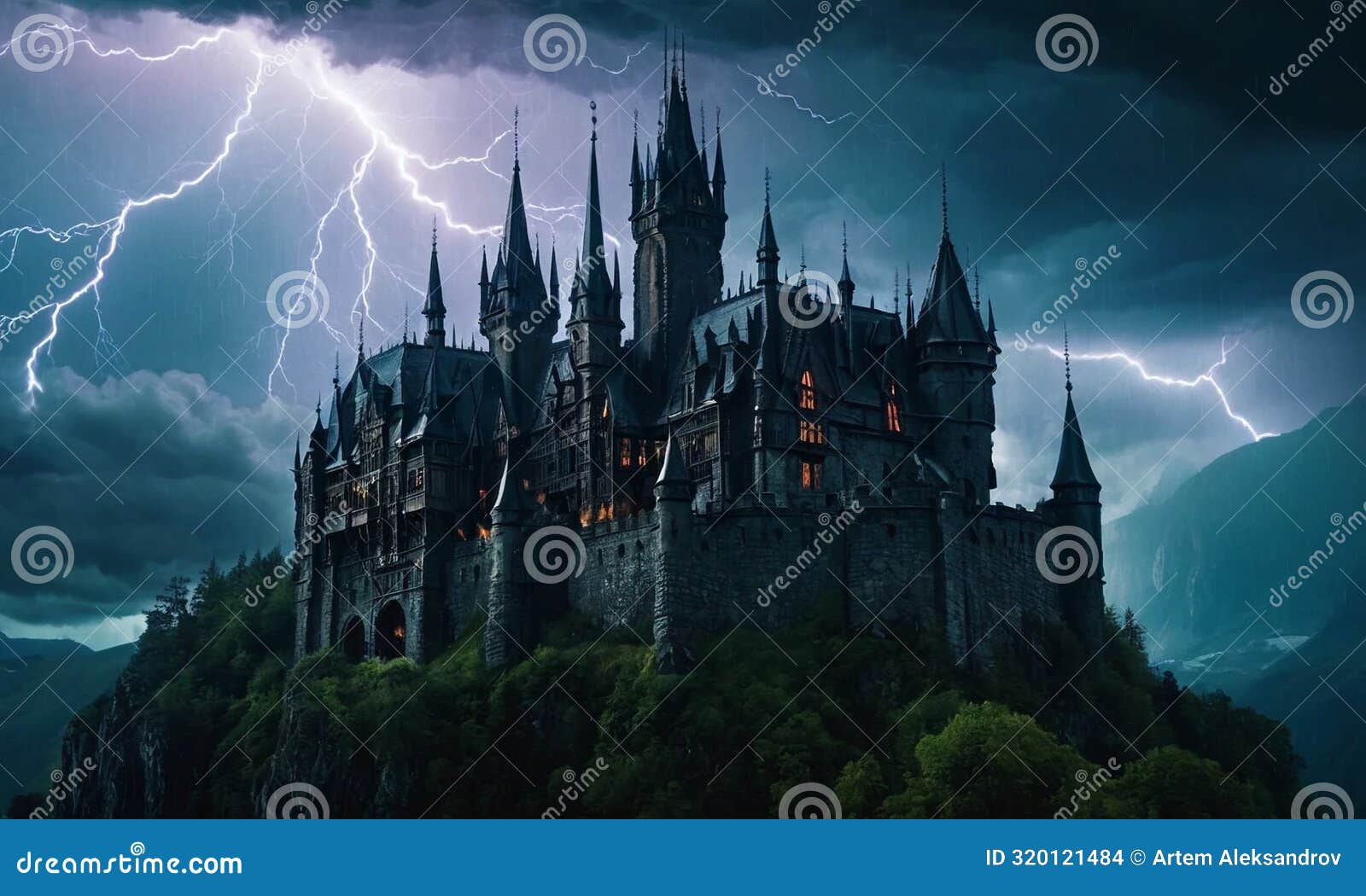 Magic Castle on a Background of Lightning Stock Illustration ...