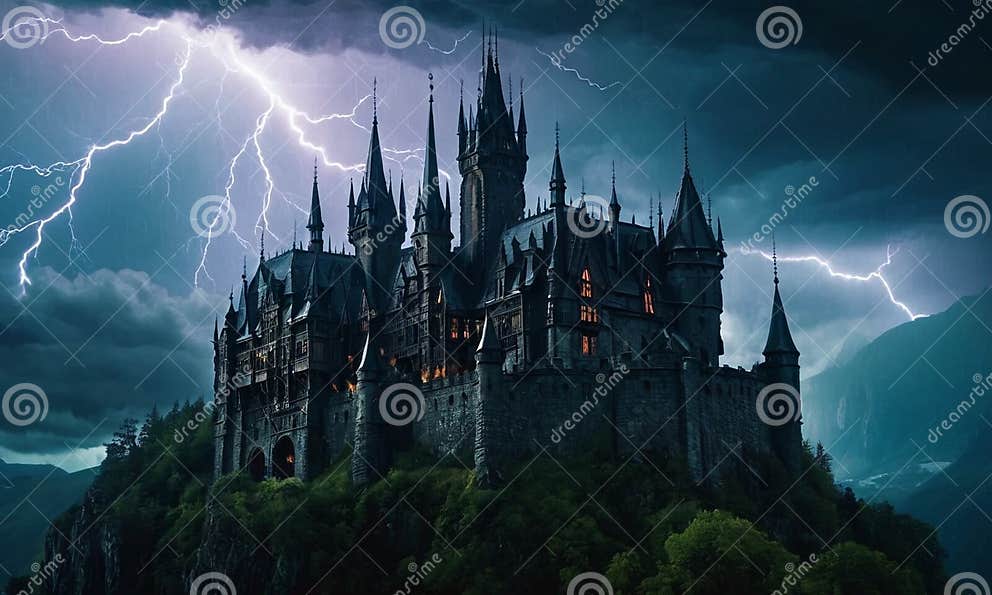 Magic Castle on a Background of Lightning Stock Illustration ...