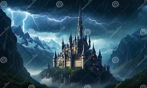 Magic Castle on a Background of Lightning Stock Illustration ...