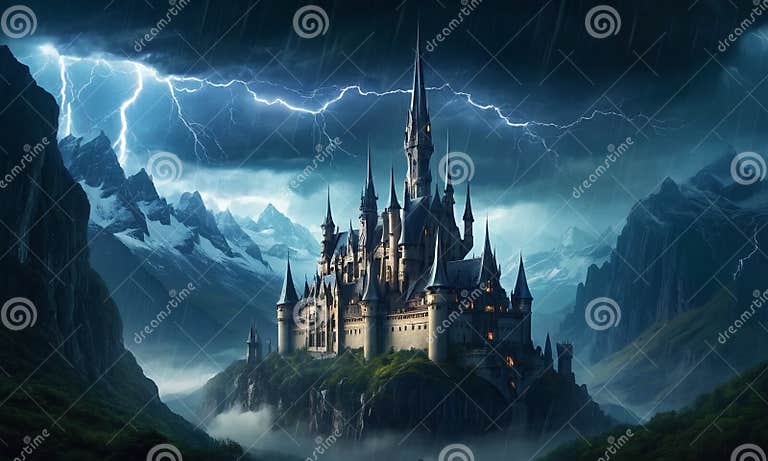 Magic Castle on a Background of Lightning Stock Illustration ...