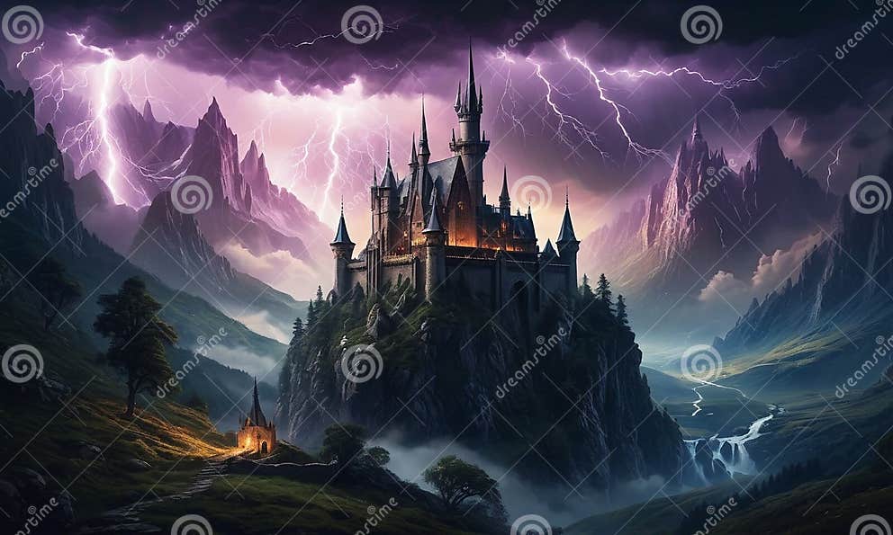 Magic Castle on a Background of Lightning Stock Illustration ...