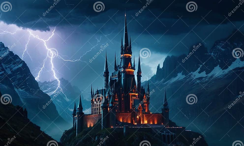 Magic Castle on a Background of Lightning Stock Illustration ...