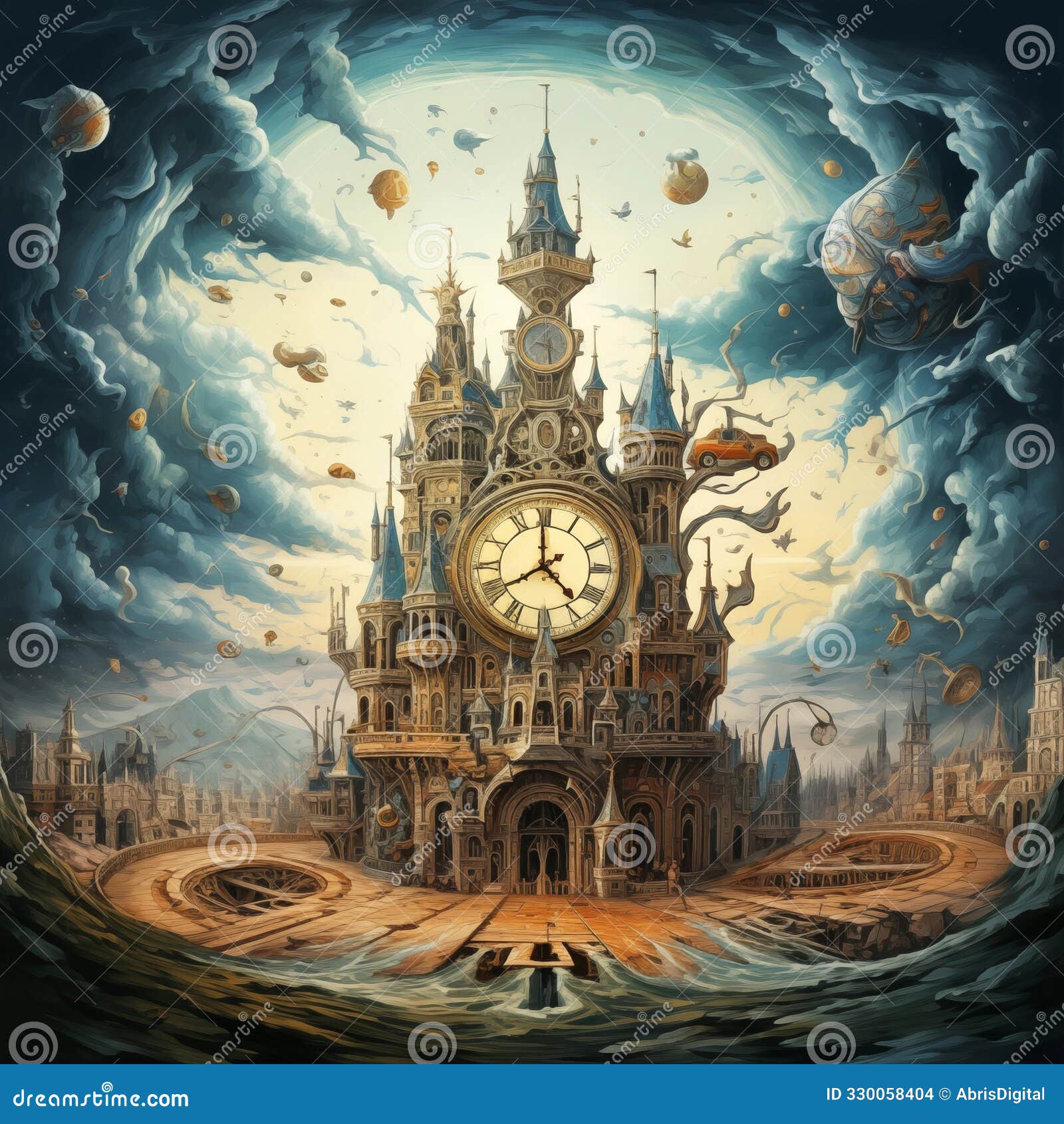 Magic castle with clocks stock illustration. Illustration of comics ...