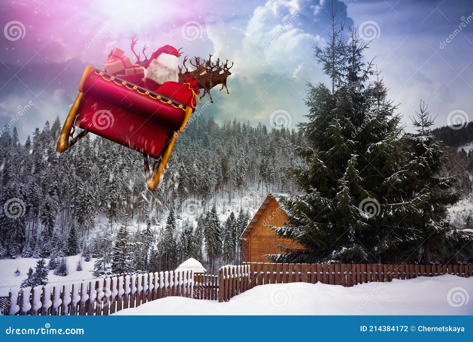 Magic Christmas Eve. Santa with Reindeers Flying in Sky Stock Photo ...