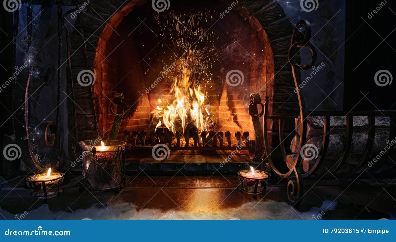 Magic Christmas fireplace. stock image. Image of celebration - 79203815