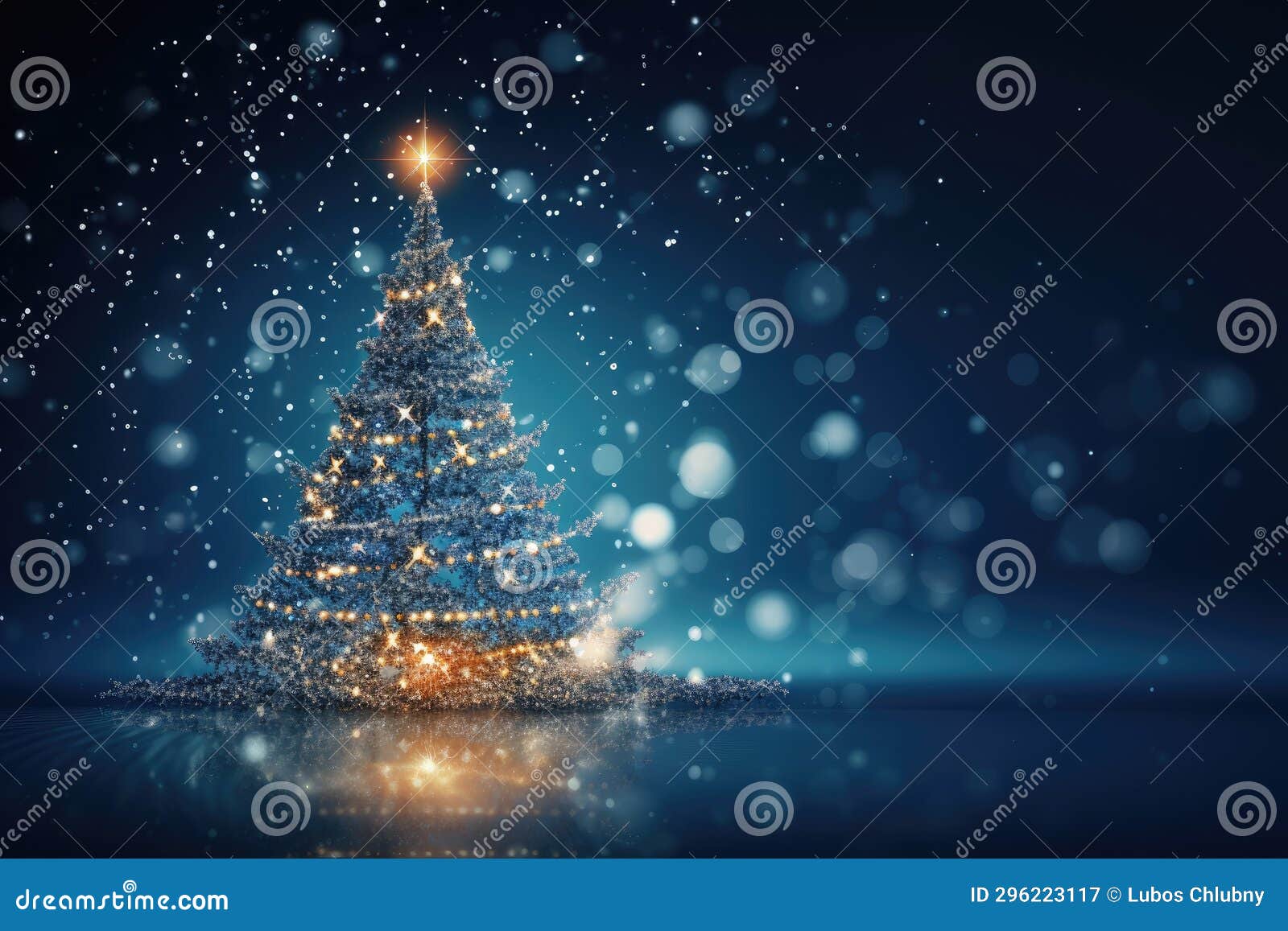 Magic Christmas Tree with Lights on Dark Blue Background. Holiday Card ...
