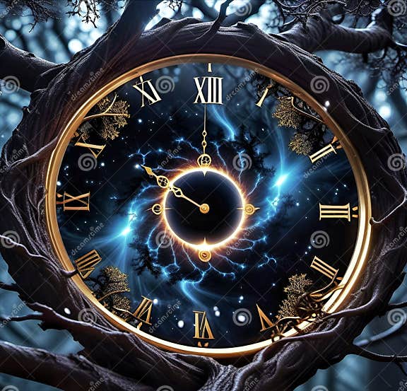 Magic clock in the forest stock illustration. Illustration of magic ...