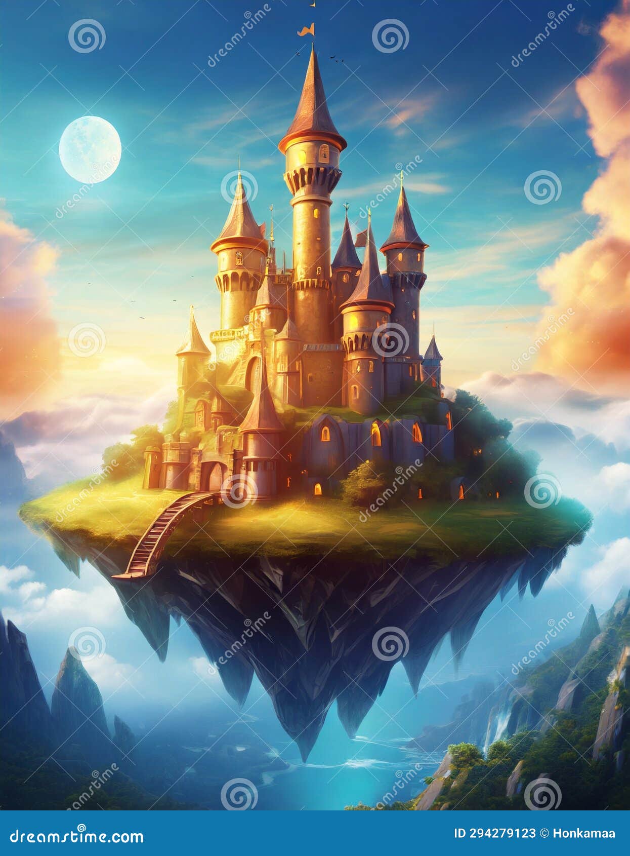A Magic Cloud Castle on a Floating Island Stock Illustration ...