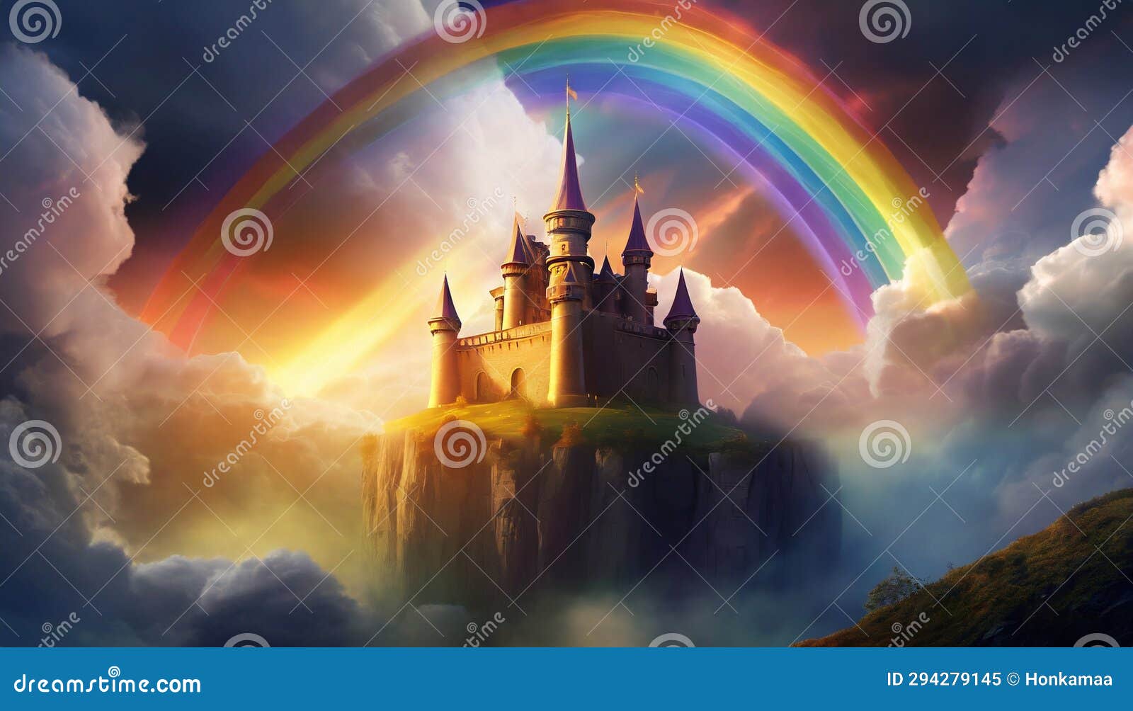 A Magic Cloud Castle Under the Rainbow Stock Illustration ...