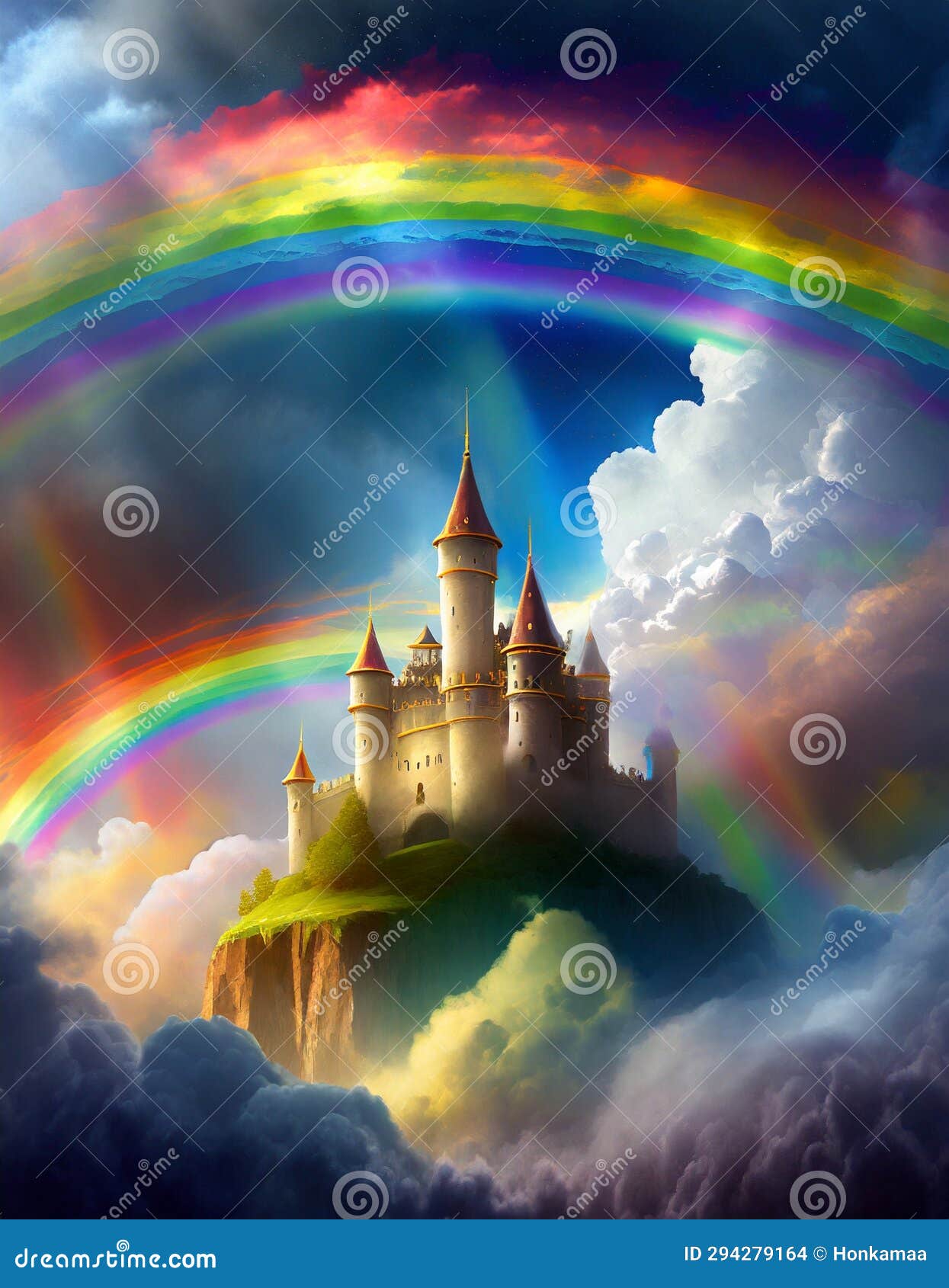 A Magic Cloud Castle Under the Rainbow Stock Illustration ...