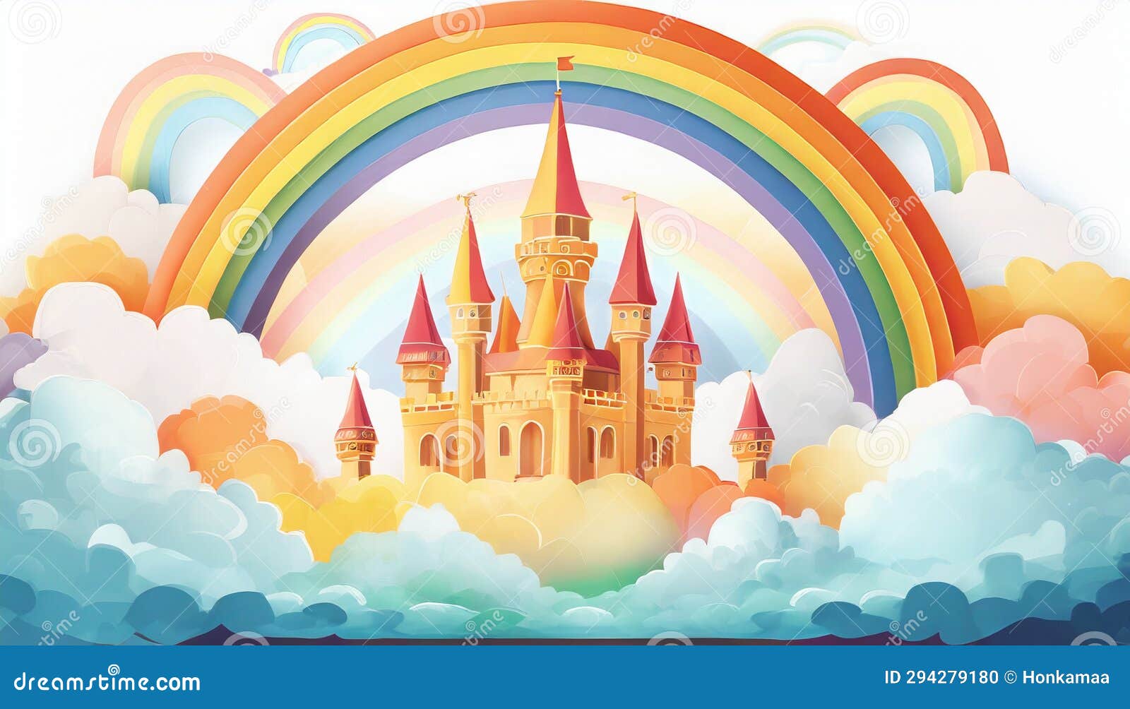 A Magic Cloud Castle Under the Rainbow Stock Illustration ...