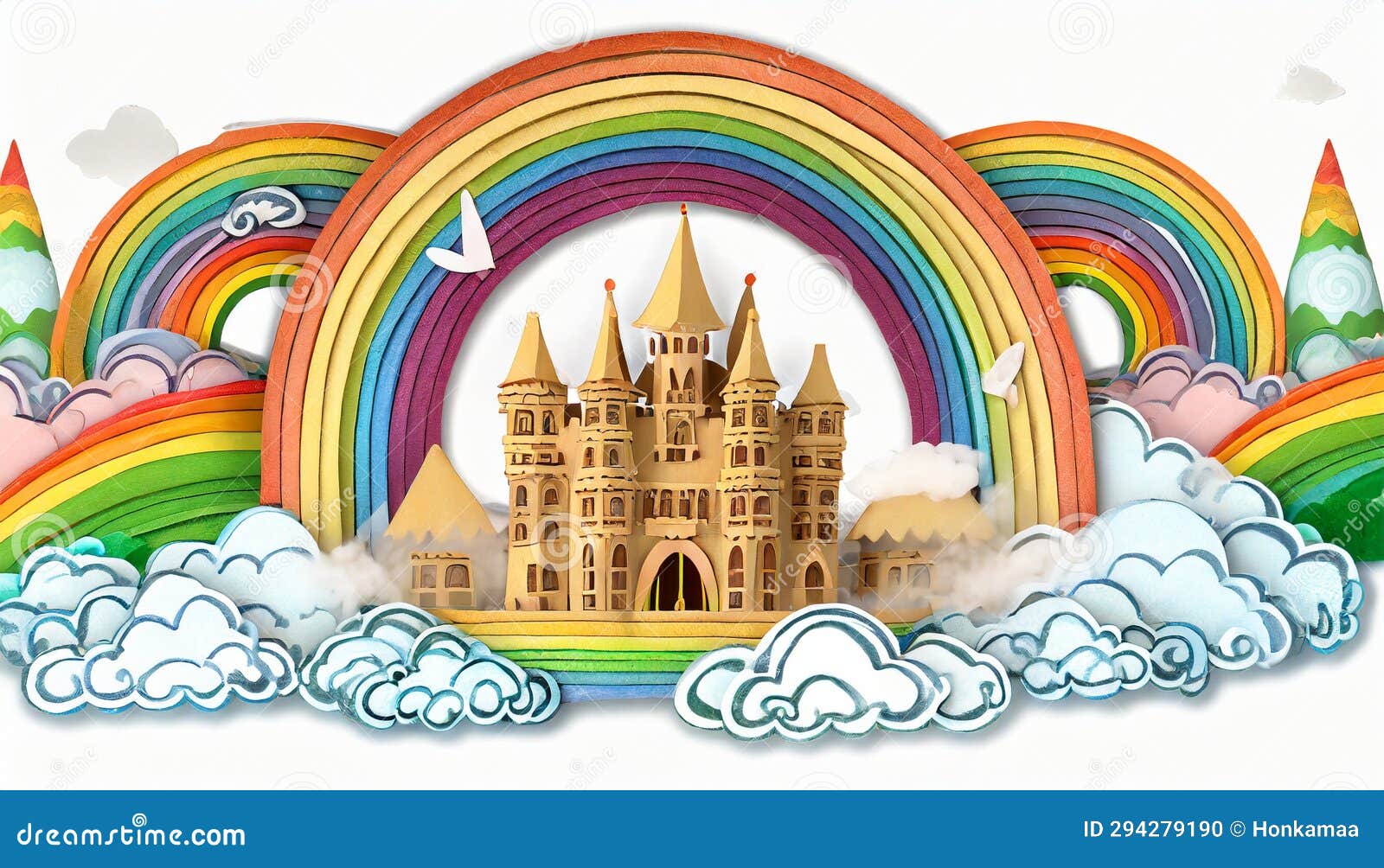 A Magic Cloud Castle Under the Rainbow Stock Illustration ...