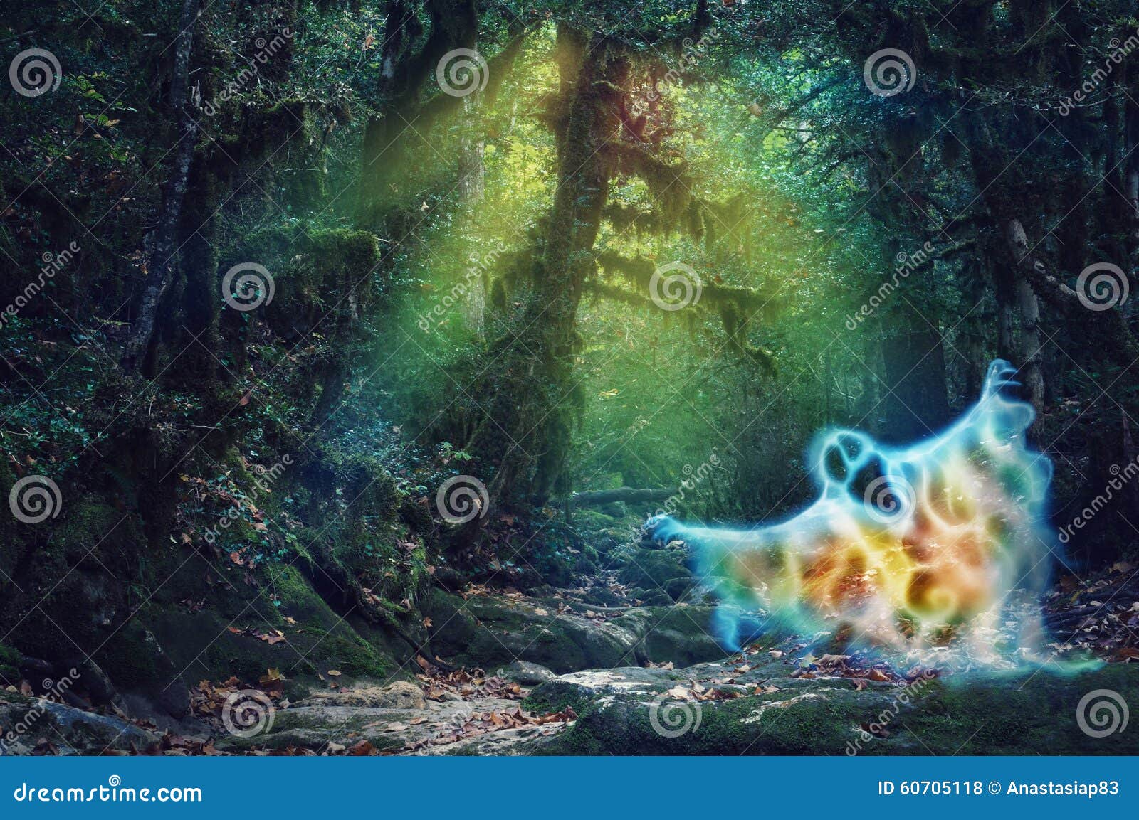 Magic Color Haunted Forest with a Scary Fire Ghost Stock Illustration ...
