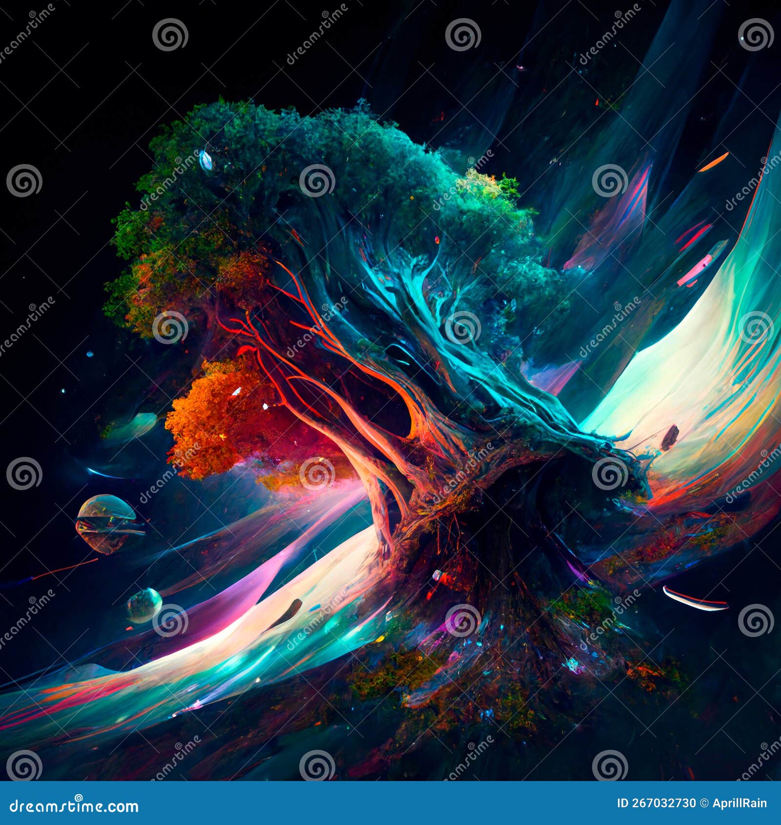 Magic Colorful Tree in Space Flying through Space Stock Illustration ...